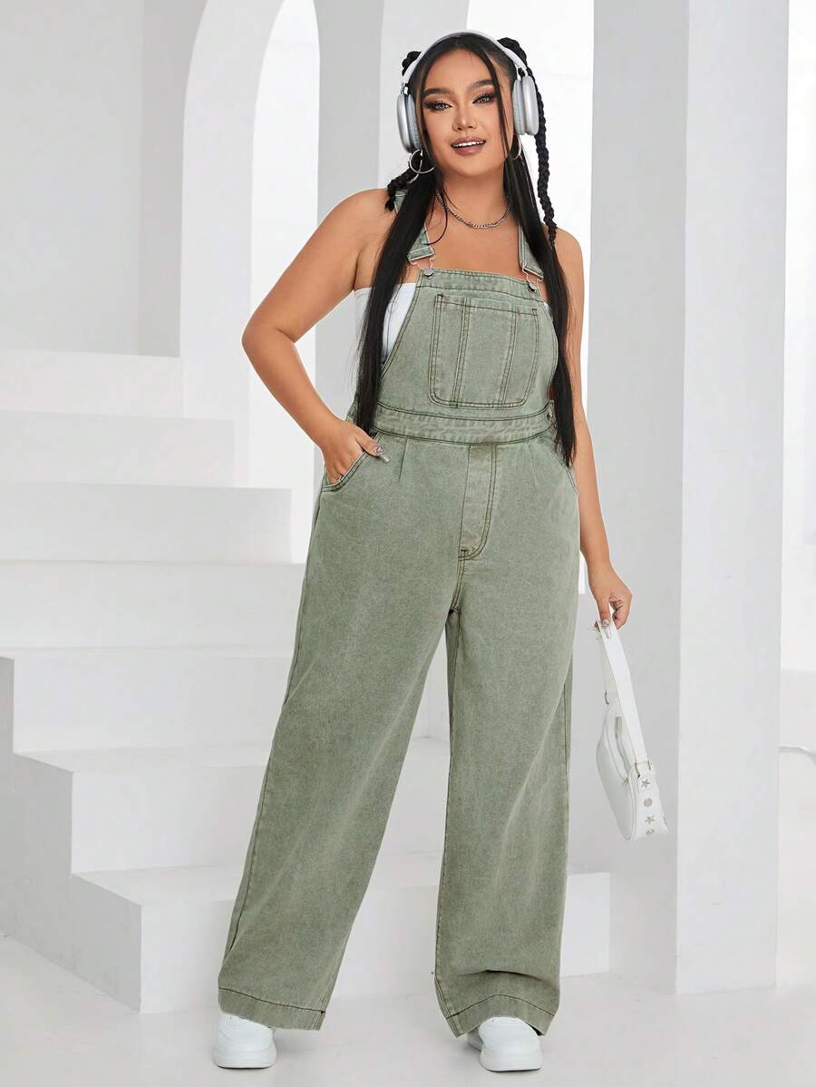SHEIN EZwear Plus Patch Pocket Denim Overalls Without Tube Top | SHEIN USA