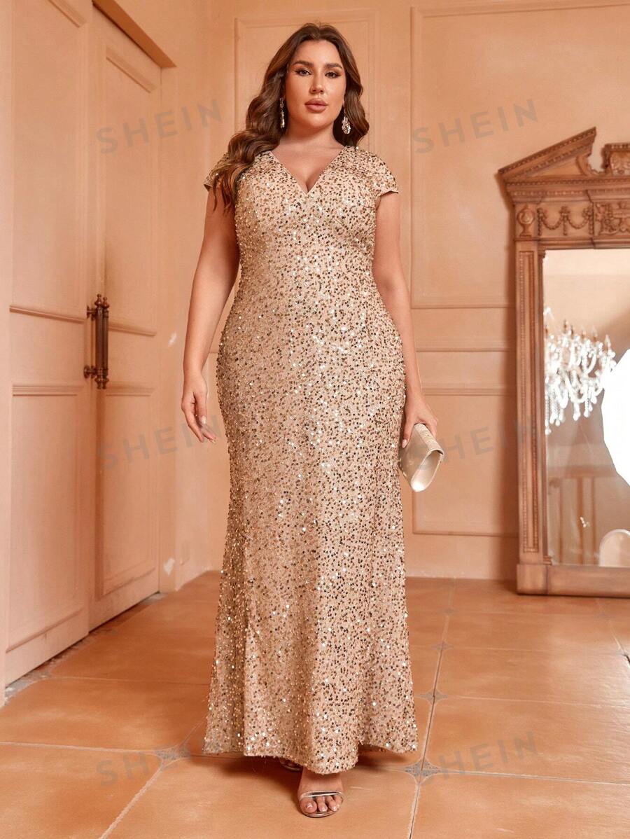 SHEIN Belle Luxurious Beaded Deep V-neck Formal Dress Elegant Plus Size ...