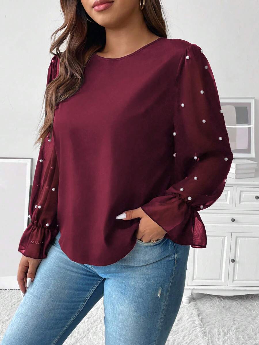 Shein Privé Plus Pearls Beaded Contrast Mesh Flounce Sleeve Blouse For