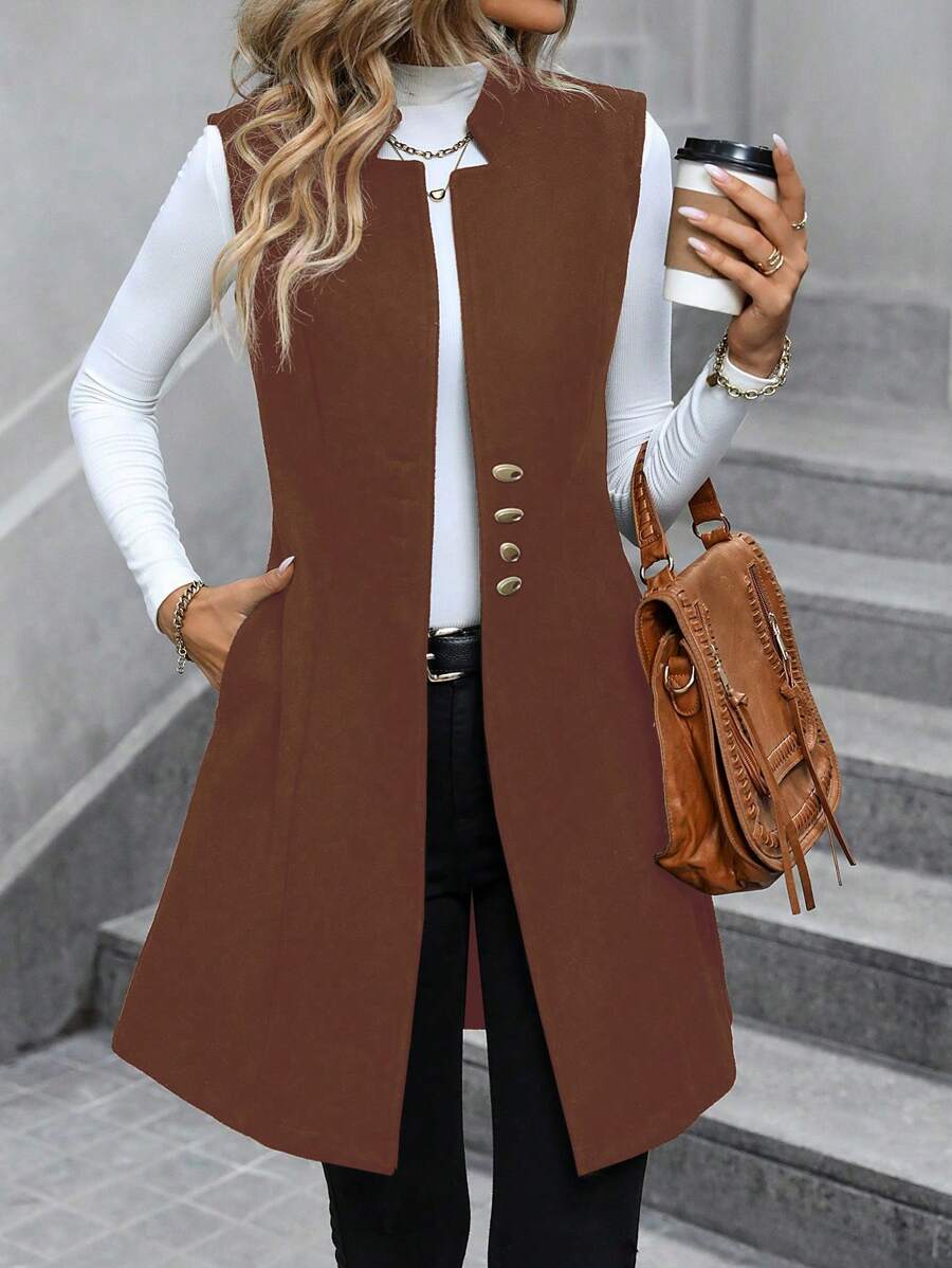 SHEIN Clasi Solid Button Front Vest Overcoat | SHEIN USA