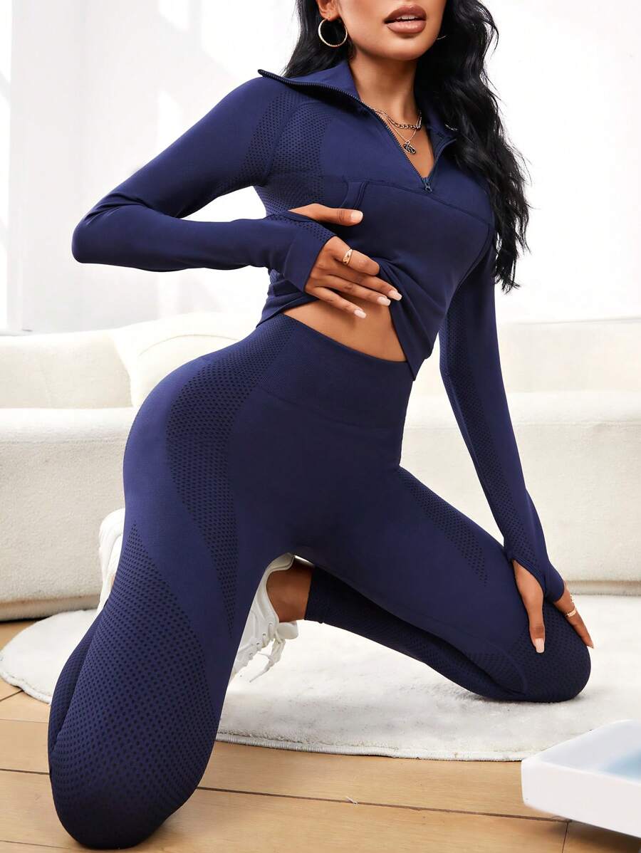 SHEIN Sport Studio Solid Color Zippered & Placket Sports Set Workout ...