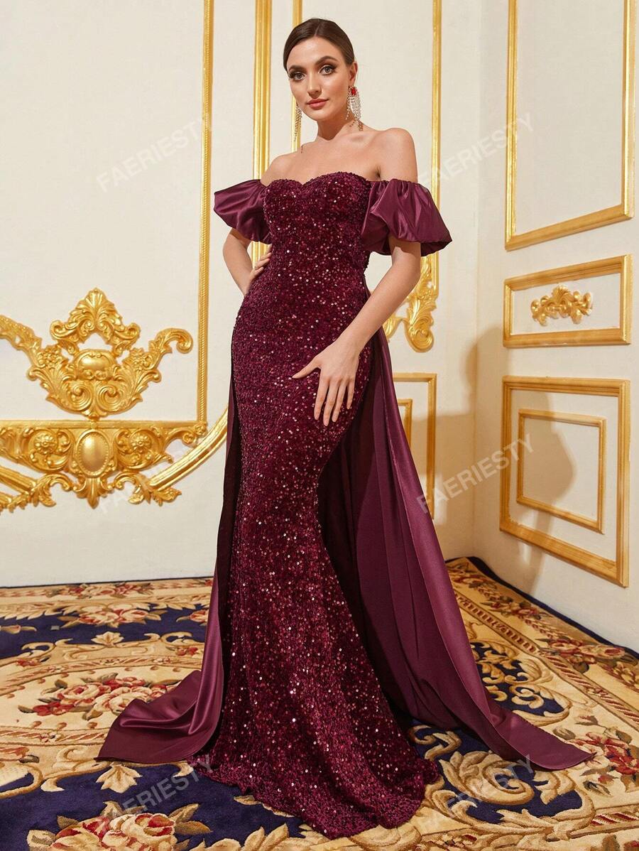 Faeriesty Elegant Off Shoulder Puff Sleeves Mermaid Hem Contrast Satin Sequin Formal Dress ...