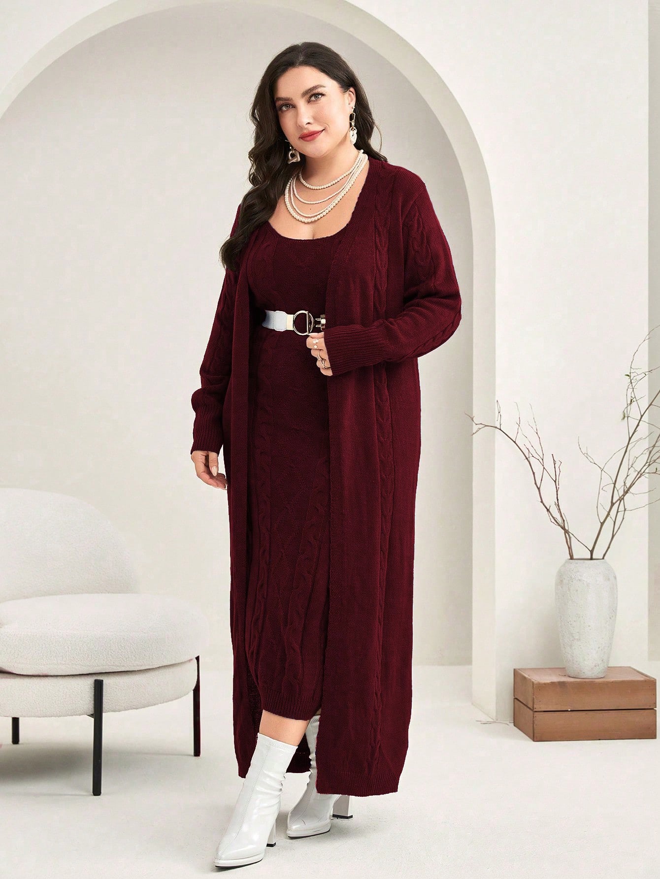 SHEIN Modely Conjunto Feminino De Suéter E Cardigã Plus Size, Com Detalhes Em Malha Canelada E ...