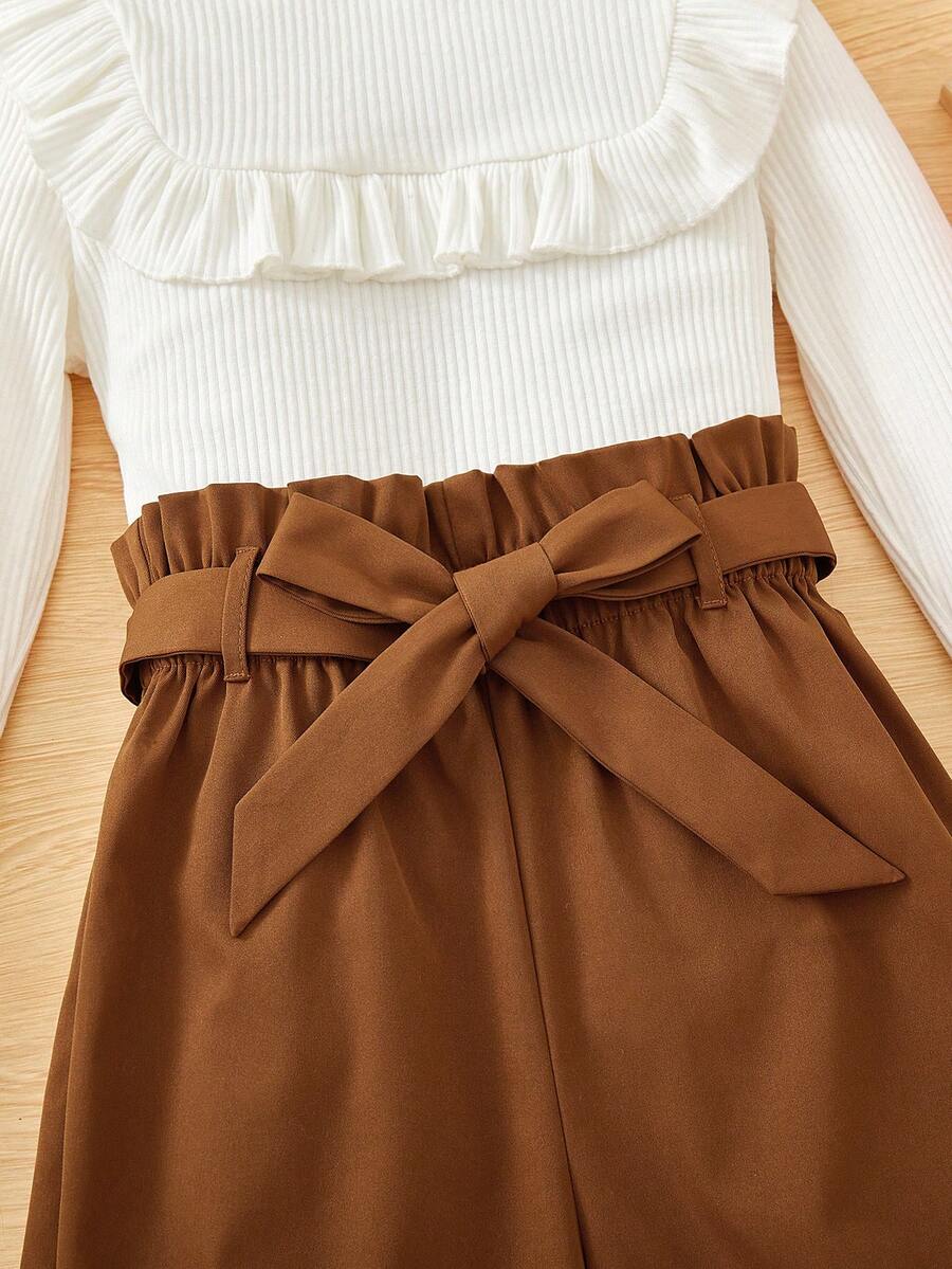 Shein Tween Girl Ruffle Trim Tee And Paperbag Waist Belted Pants Shein Usa