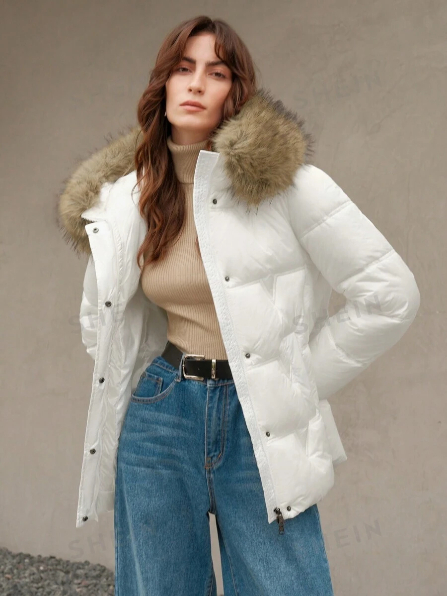 Anewsta Women's Padded Jacket With Fluffy Collar | SHEIN UK