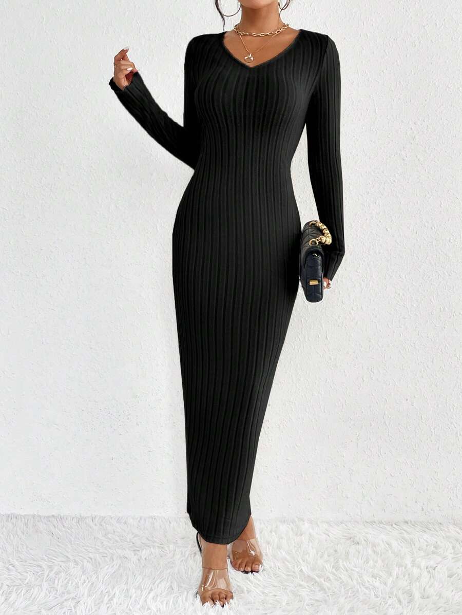 SHEIN Essnce Solid Ribbed Knit Knot Back Fitted Dress | SHEIN USA