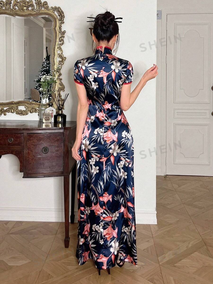 SHEIN EastFlair Gola Mandarim Estampa Tropical Split Thigh Vestido ...