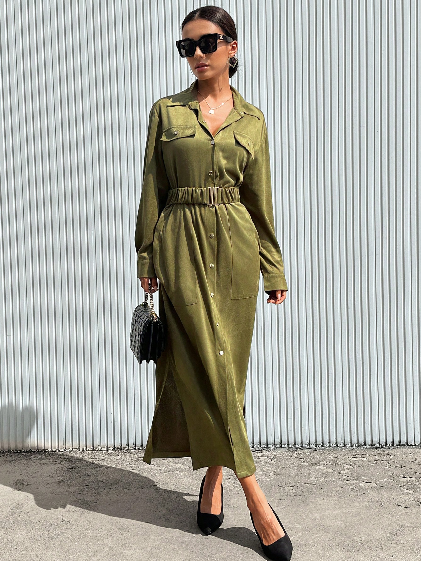 SHEIN Privé เดรส เชิ้ต รายละเอียด พนัง แต่งเข็มขัด | SHEIN TH