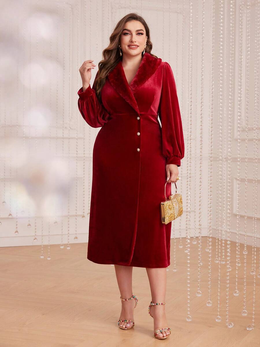 Modelyn Plus Shawl Collar Lantern Sleeve Velvet Dress | SHEIN USA