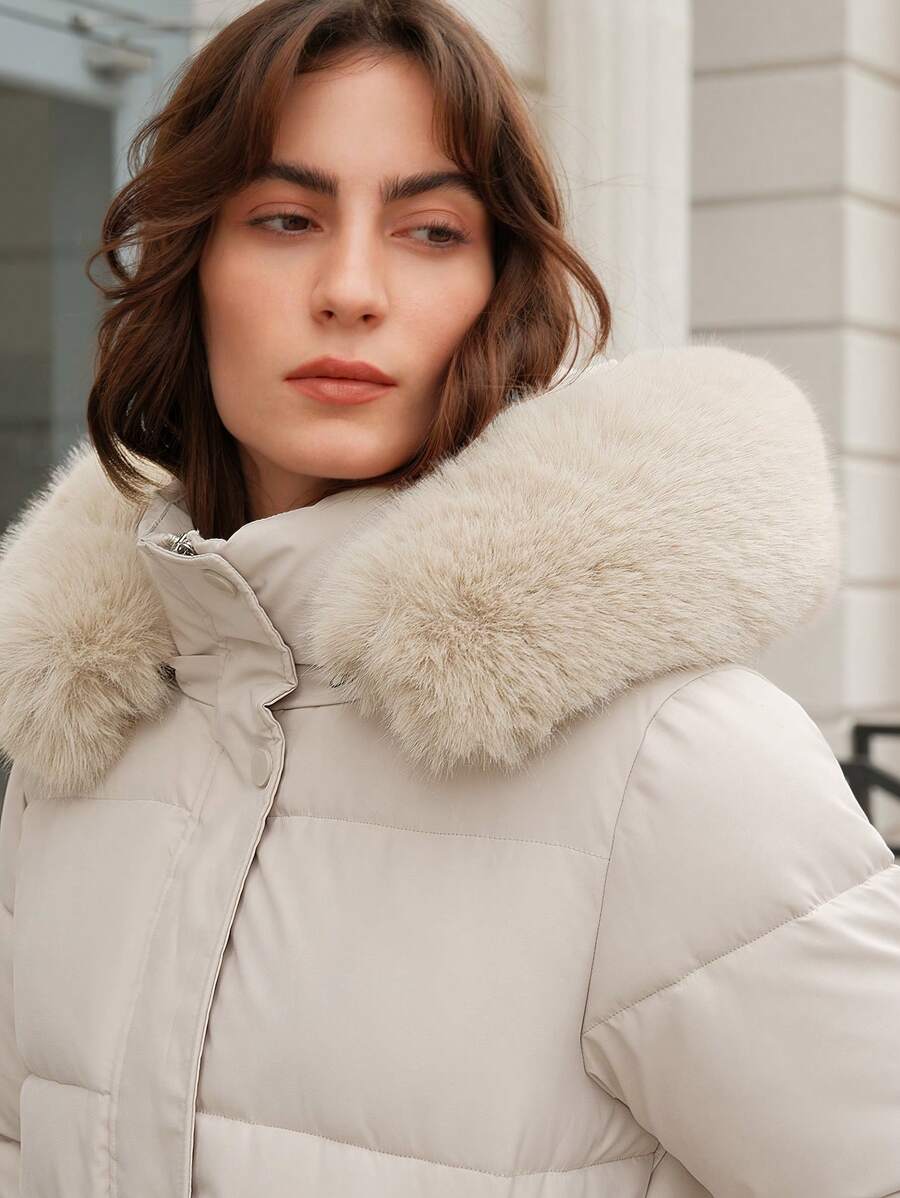 Anewsta Fuzzy Trim Hooded Belted Puffer Coat | SHEIN UK