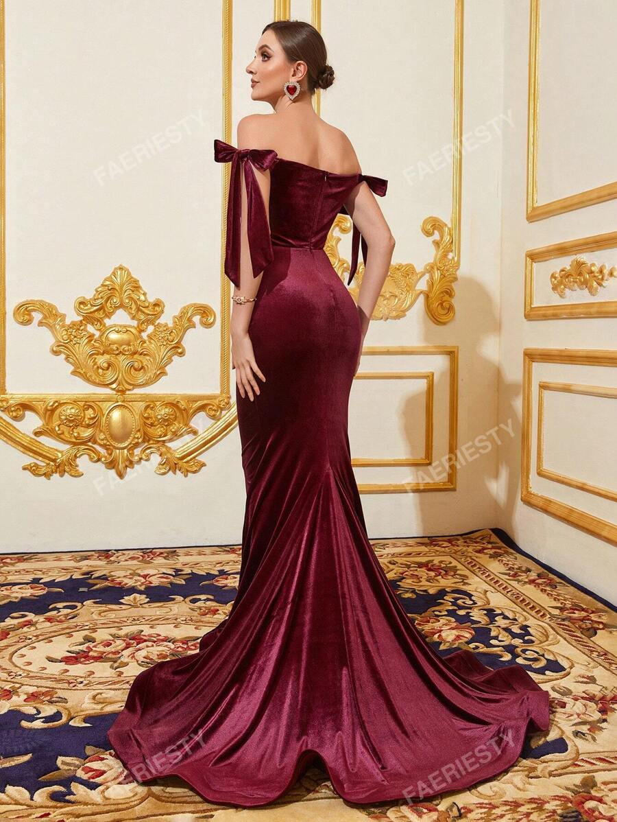 Vintage Elegant Off Shoulder Knot Side Mermaid Hem Velvet Formal Dress&Evening Gown&Maxi Dress ...