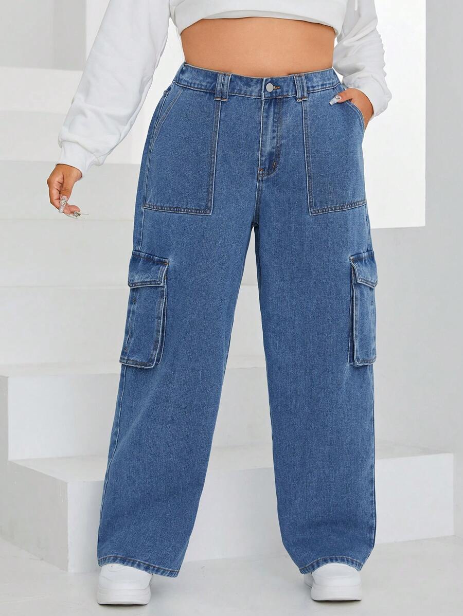 SHEIN EZwear Plus Size Flap Pockets Cargo Denim Jeans | SHEIN USA