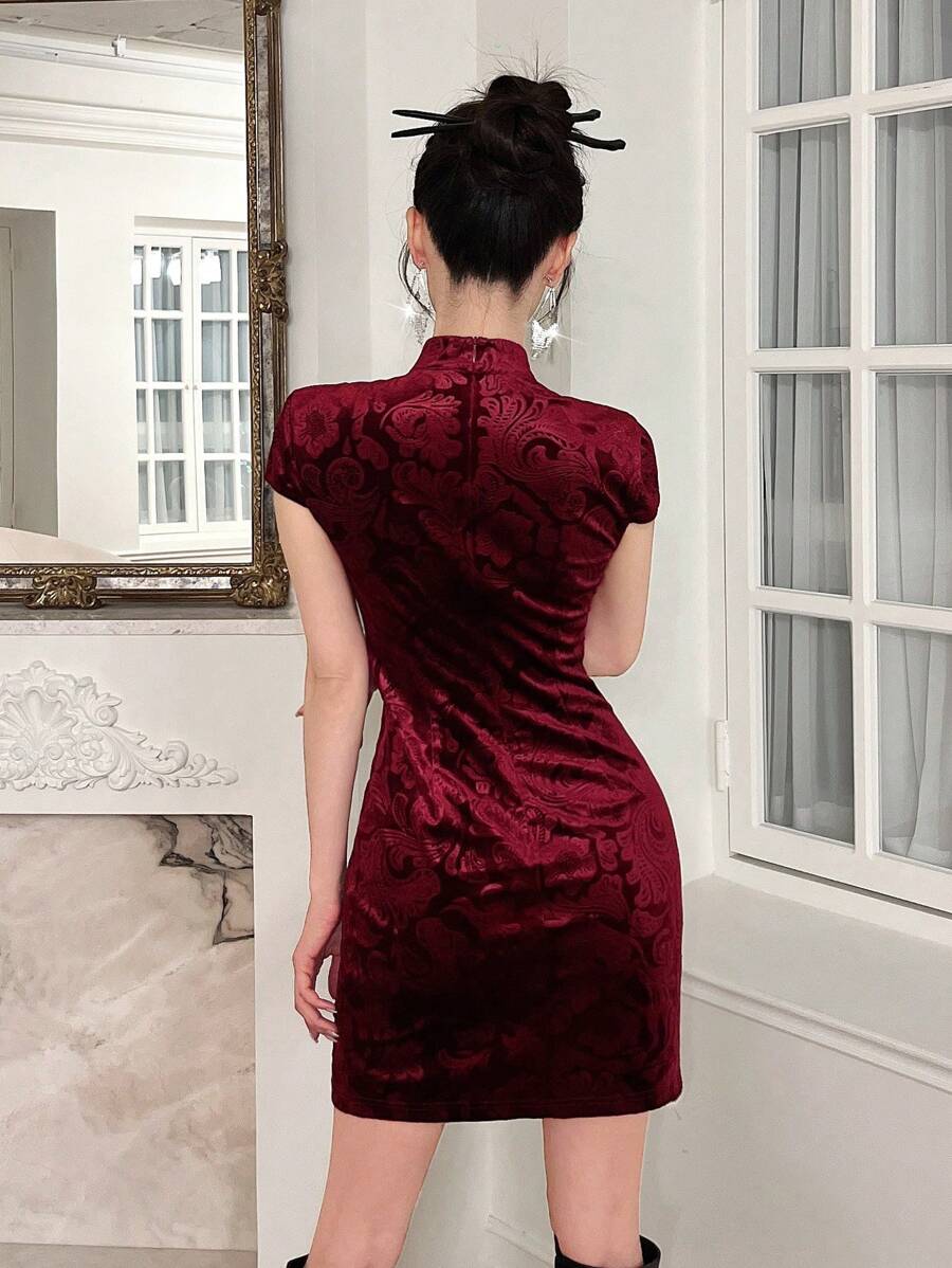 SHEIN EastFlair Floral Jacquard Mandarin Collar Split Hem Red Bodycon ...