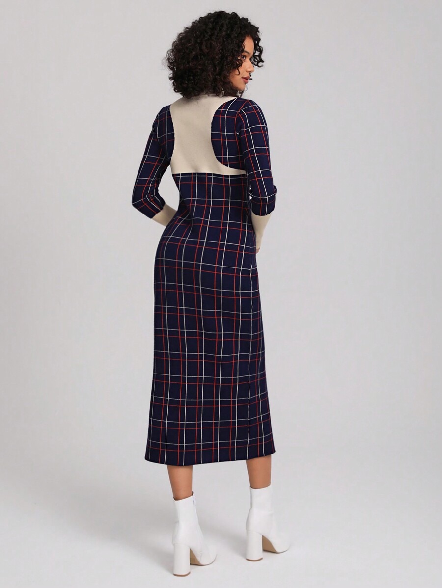 Keagan Designer Plaid Pattern Colorblock Split Thigh Elegant Sweater ...