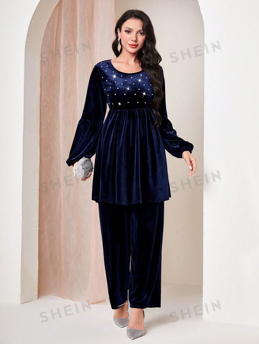 Shein Modely Pearls Beaded Lantern Sleeve Velvet Top And Pants Shein Usa
