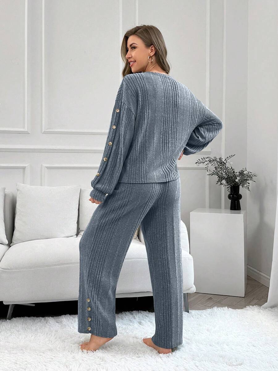 Women's Plain Ribbed Long Sleeve And Long Pant Homewear Set | SHEIN USA