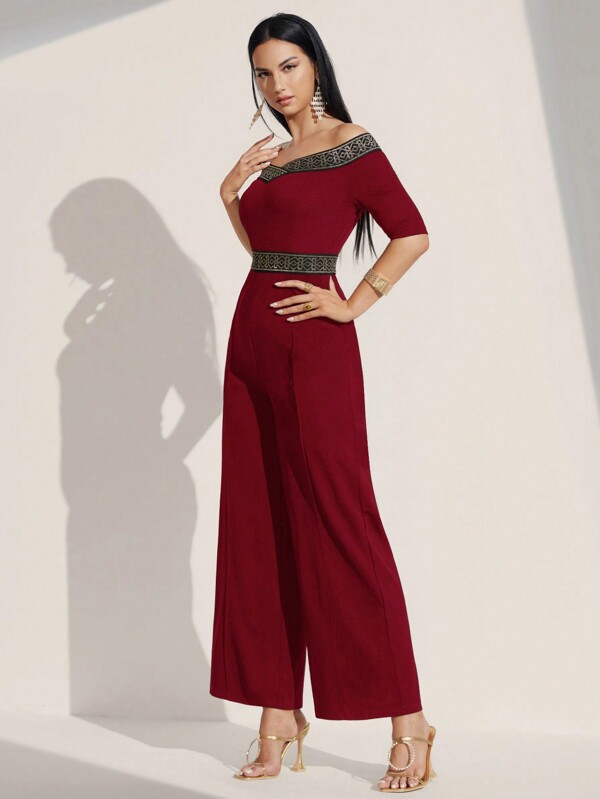 Shein Bizwear Off Shoulder Contrast Tape Wide Leg Jumpsuit Shein Usa