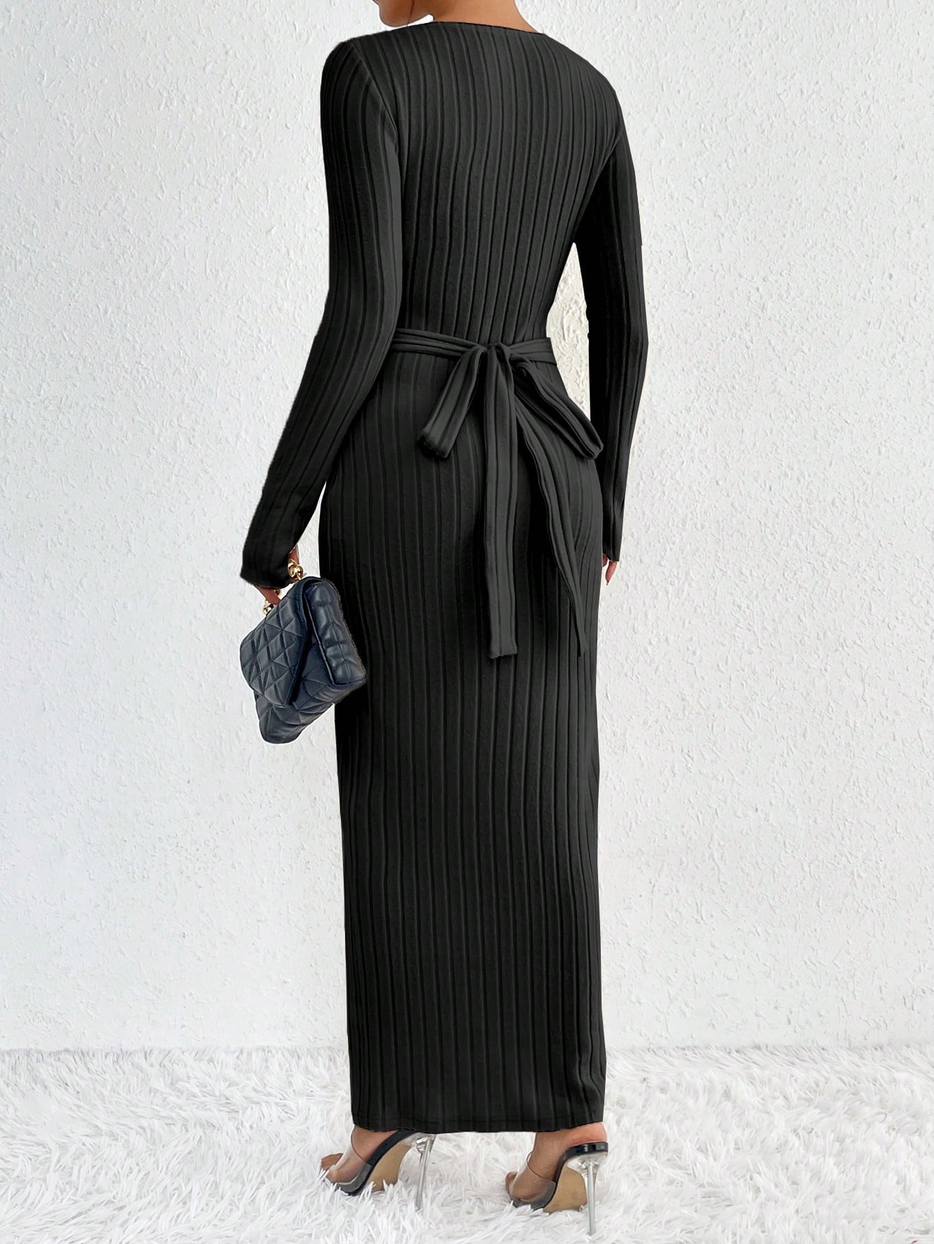 SHEIN Essnce Solid Ribbed Knit Knot Back Fitted Dress | SHEIN USA