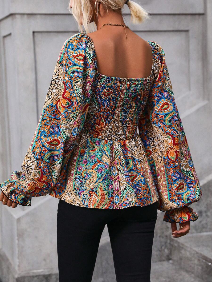 Shein Lune Paisley Print Flounce Sleeve Peplum Blouse Peplum Top