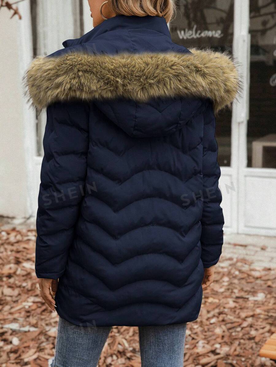 SHEIN Unity Fuzzy Trim Hooded Zipper Puffer Coat | SHEIN UK