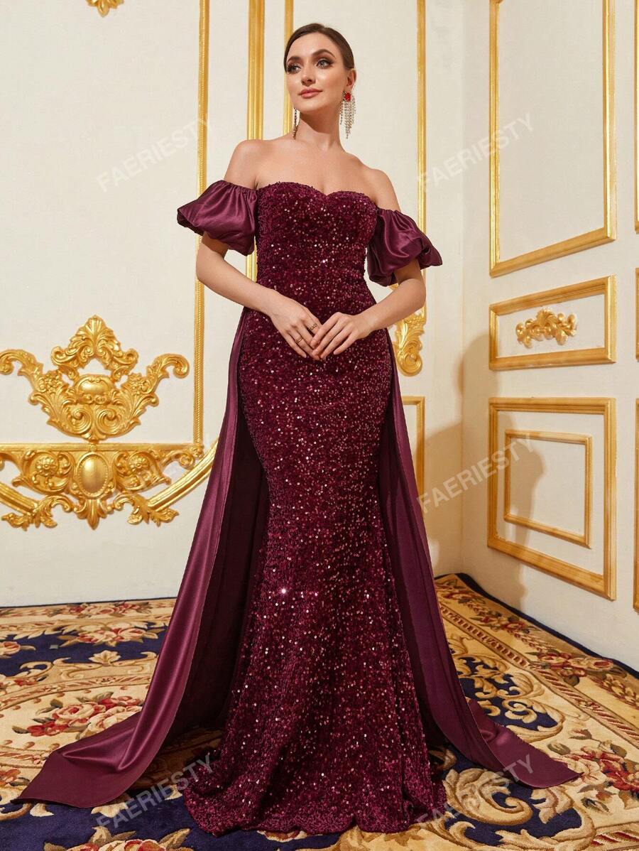 Faeriesty Elegant Off Shoulder Puff Sleeves Mermaid Hem Contrast Satin Sequin Formal Dress ...