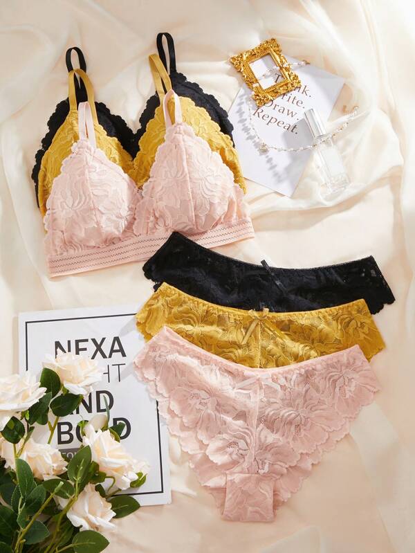 Conjunto De 3 Sostenes Sin Alambre Y 3 Tangas Con Triángulo De Encaje ...