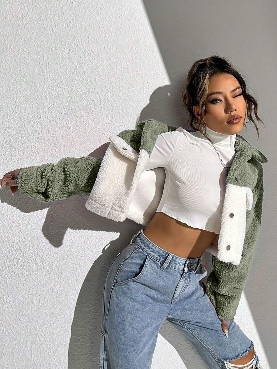 Flirla Two Tone Drop Shoulder Crop Corduroy Jacket Crop Top ...