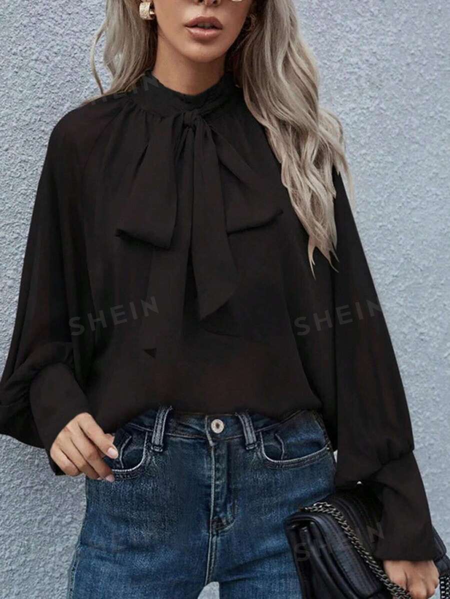 SHEIN Privé Tie Neck Batwing Sleeve Blouse | SHEIN UK