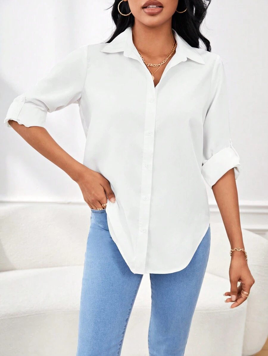 Chiquease Women's Simple White Button-Down Long Sleeve Convertible ...