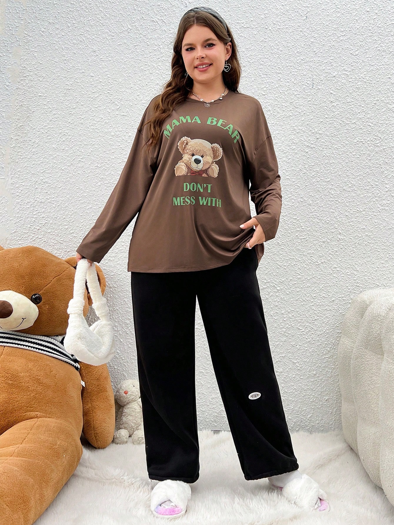 Shein Ezwear Plus Bear And Slogan Graphic Drop Shoulder Tee Shein Usa