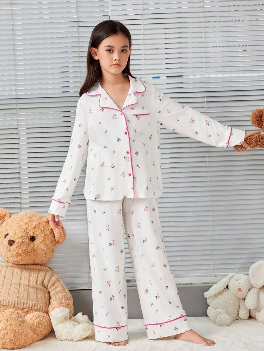 SHEIN Tween Girl Ditsy Floral Print Contrast Piping PJ Set | SHEIN UK