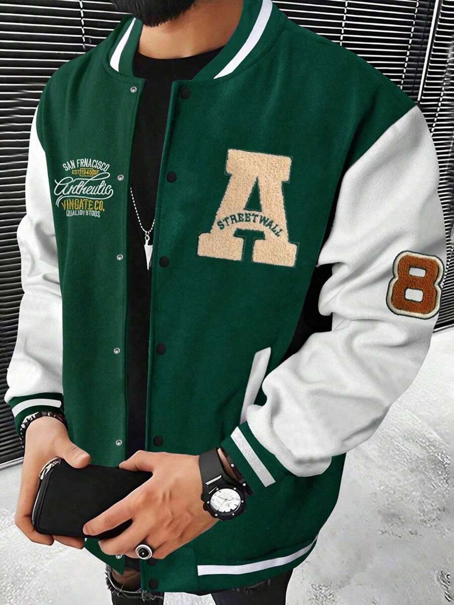 Extended Sizes Men Plus Letter Graphic Striped Trim Colorblock Varsity ...