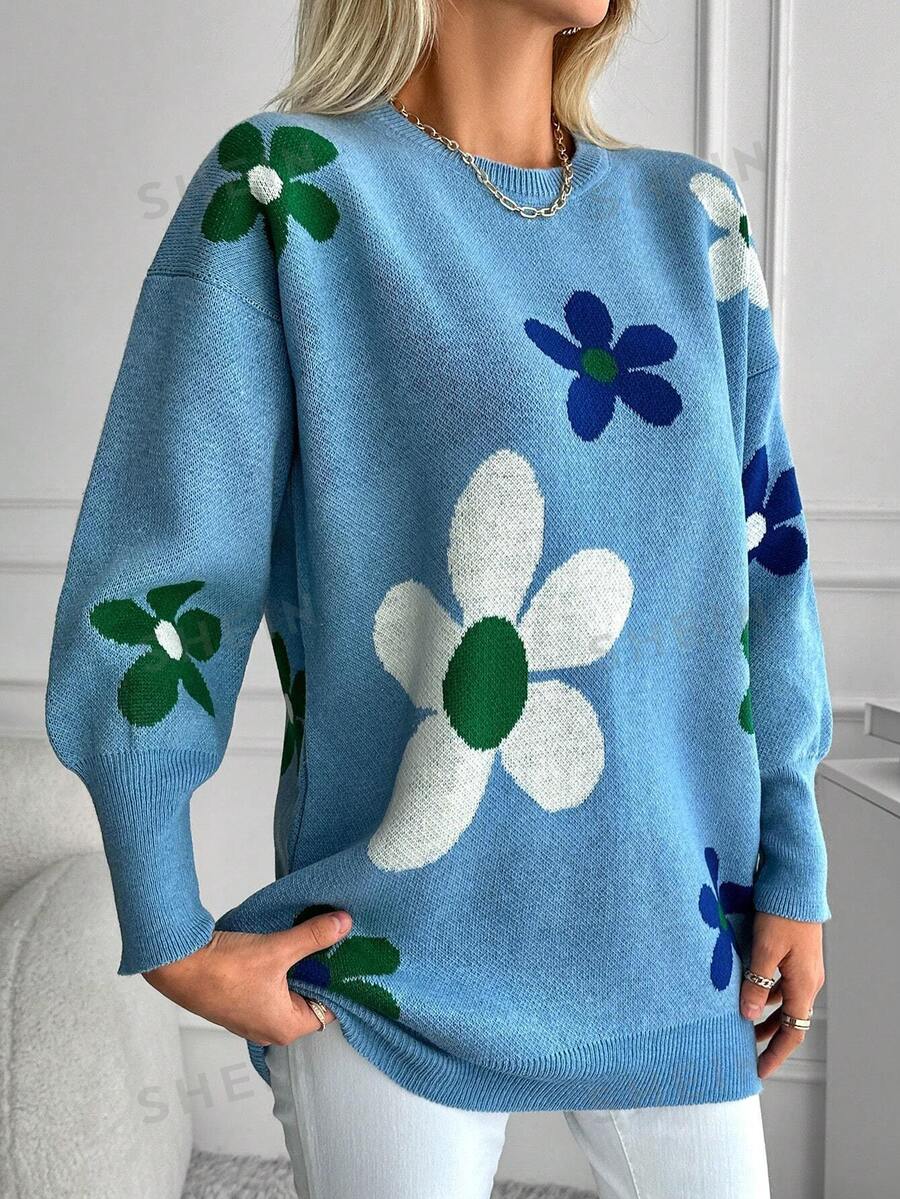 SHEIN Women'S Drop Shoulder Flower Pattern Sweater | SHEIN EUQS