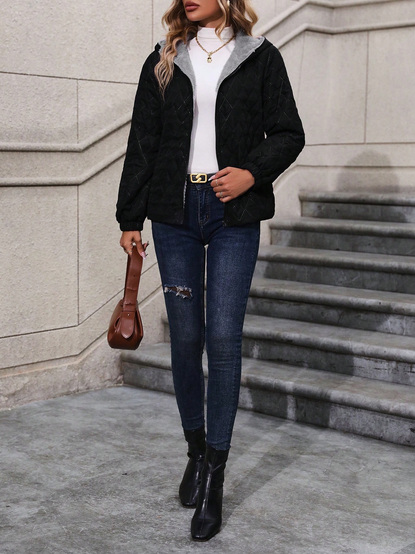 SHEIN LUNE Zip Up Thermal Lined Hooded Quilted Coat | SHEIN