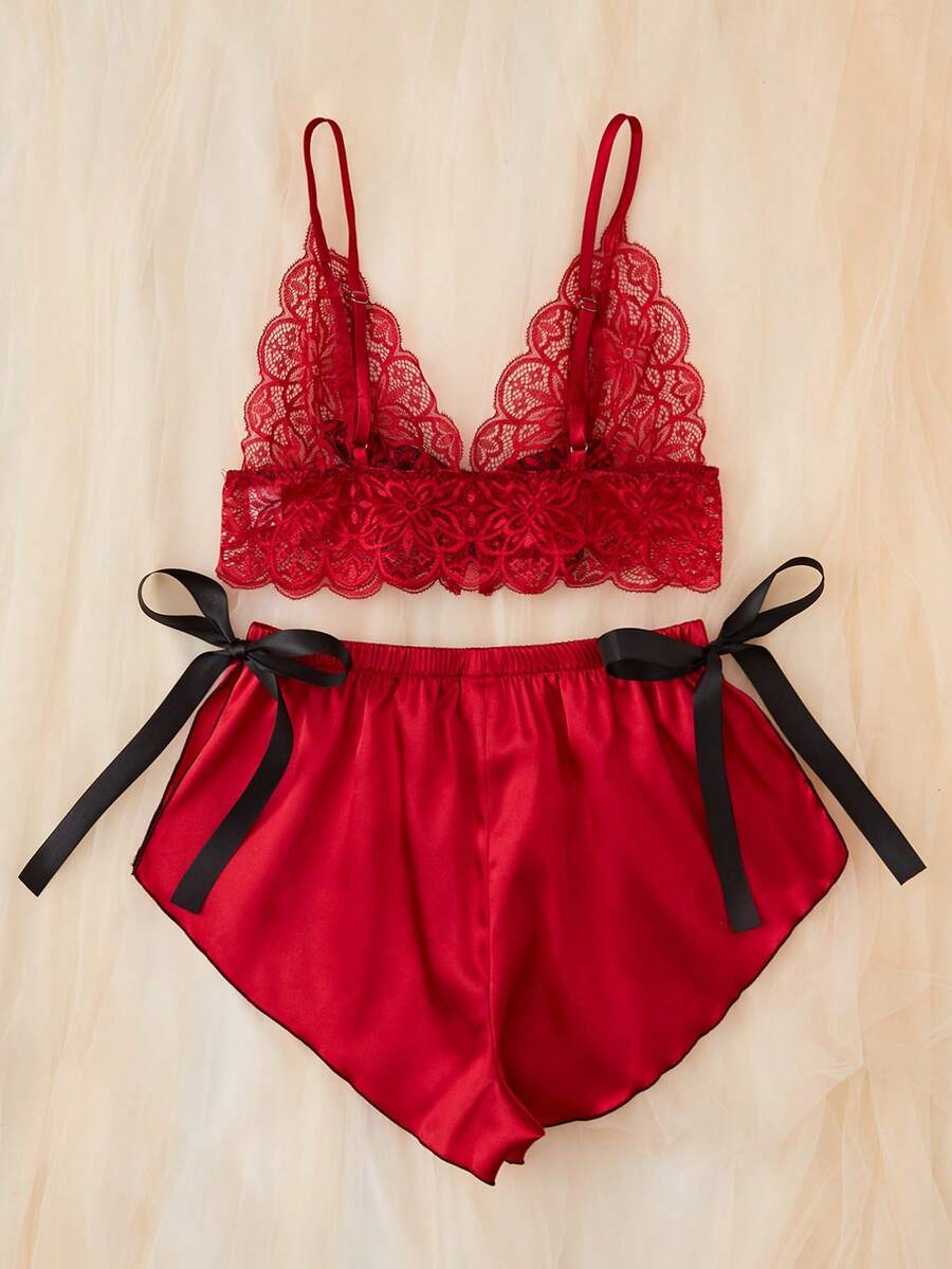 Bow Detail Lace Cami Top And Satin Shorts Pj Set Shein Usa