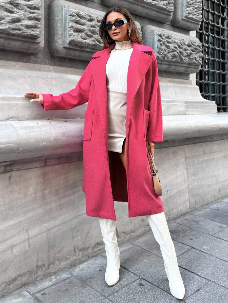 SHEIN Cottnline Women's Long Pink Woolen Coat | SHEIN USA