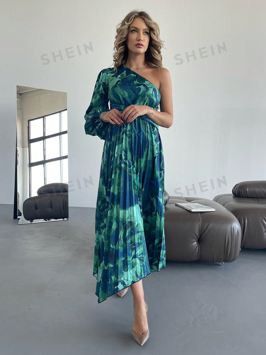 SHEIN Privé Tropical Print One Shoulder Lantern Sleeve Hanky Hem Dress ...