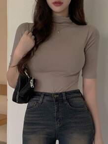 DAZY Solid Mock Neck Slim Tee Turtleneck Women | SHEIN USA