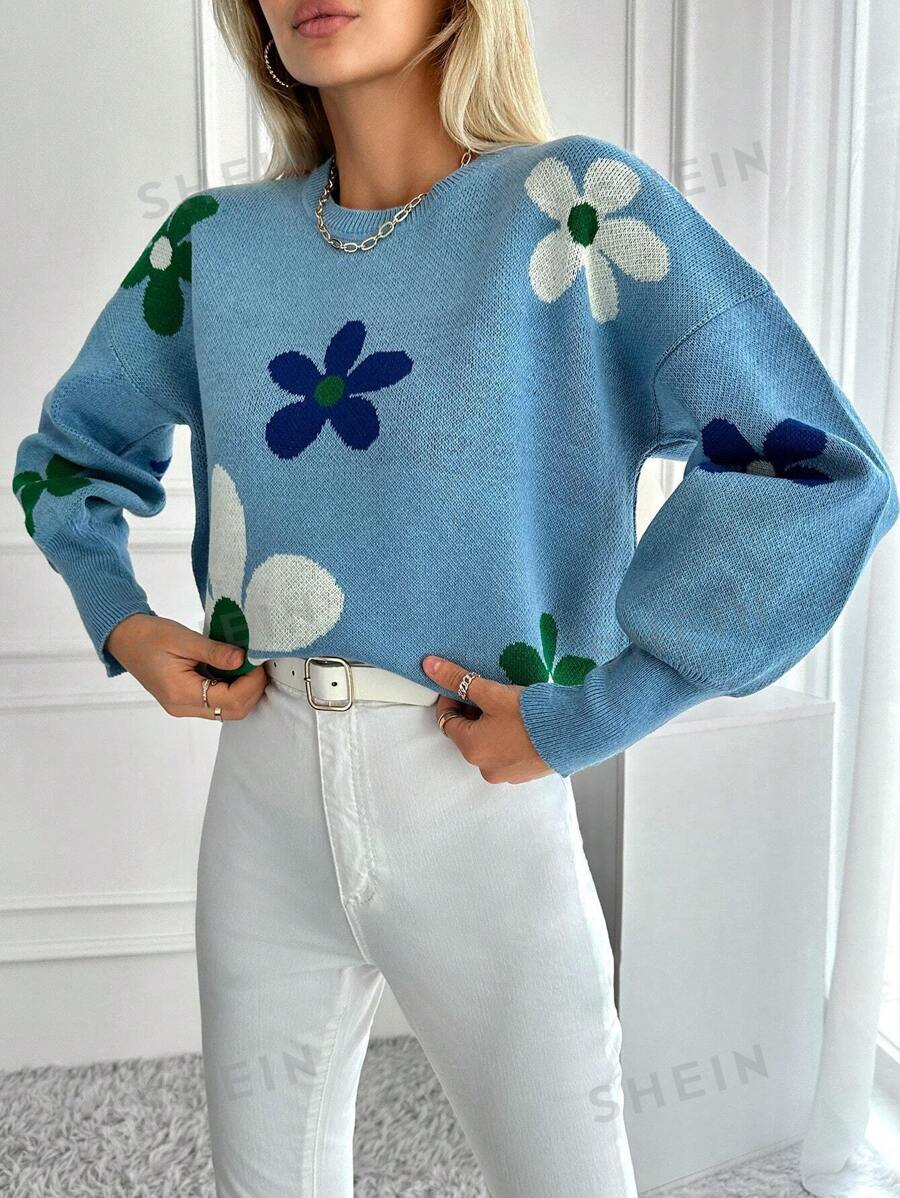 SHEIN Women'S Drop Shoulder Flower Pattern Sweater | SHEIN EUQS