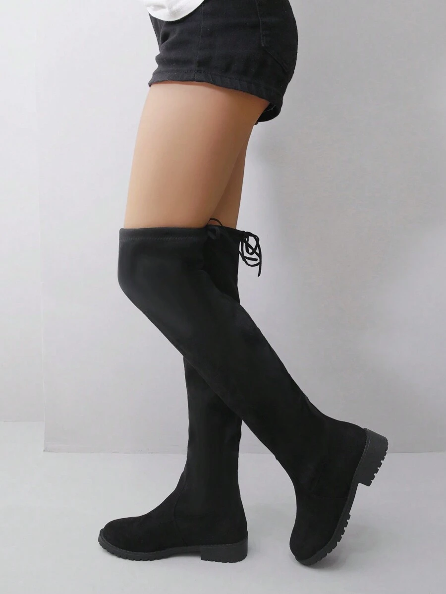 Women's Plus Size Over-the-knee Black Suede Boots With Low Heel, Flat ...