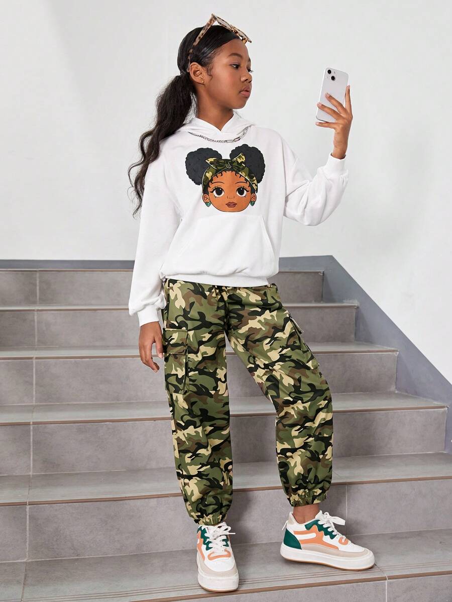 SHEIN Tween Girl Knitted Hoodie And Camouflage Cargo Pants Set, Autumn ...