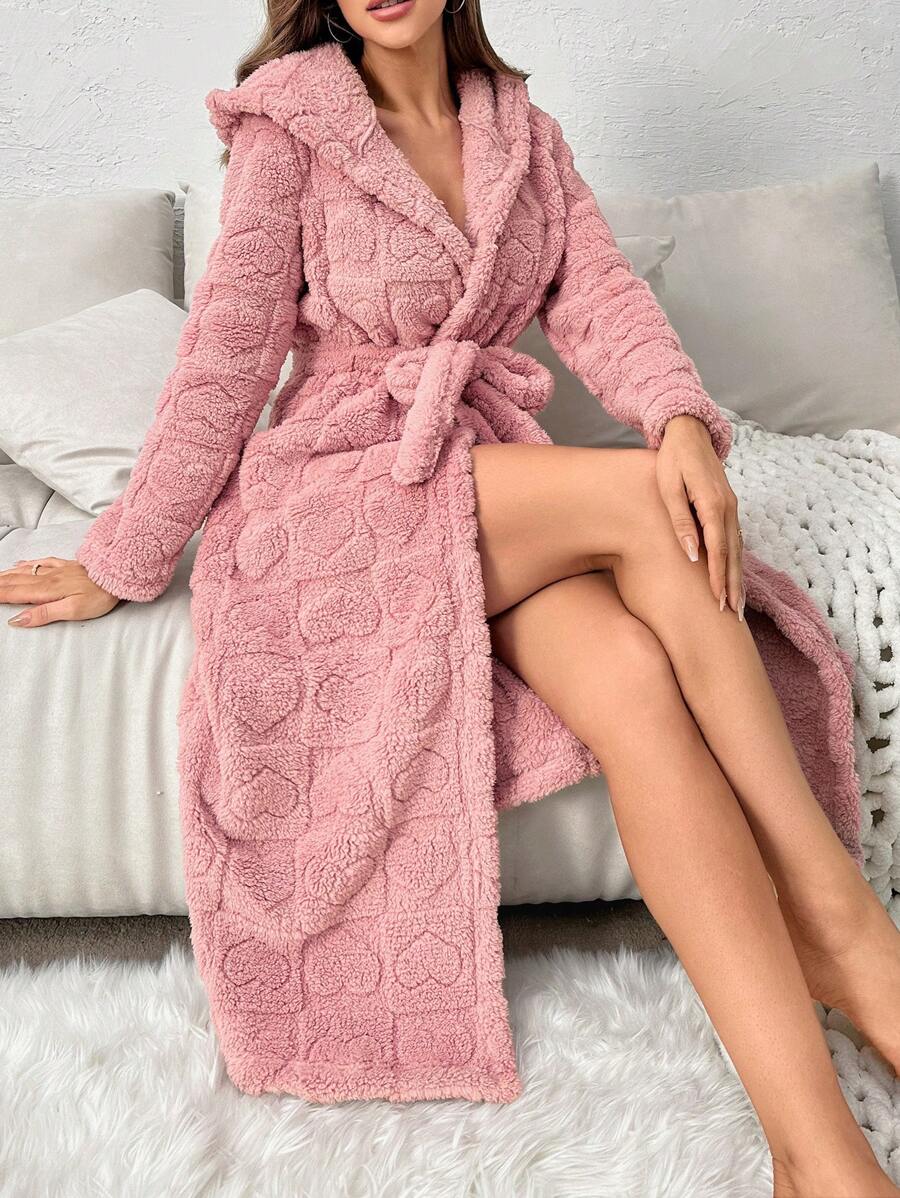 Solid Belted Hooded Flannel Robe | SHEIN USA