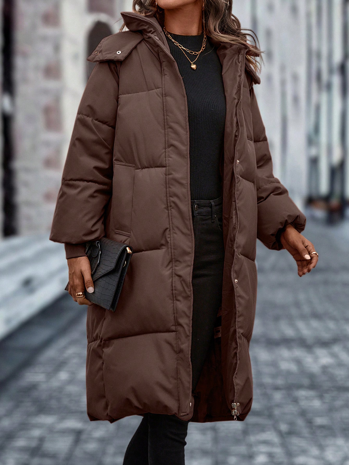 SHEIN LUNE Zip Up Snap Button Hooded Puffer Coat | SHEIN UK