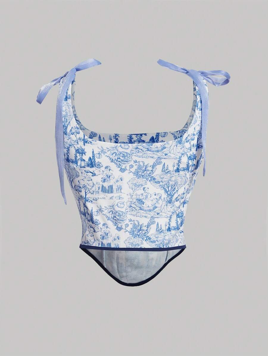 SHEIN MOD Figure and Floral Print Tie Shoulder Curved Hem Tank Top ...