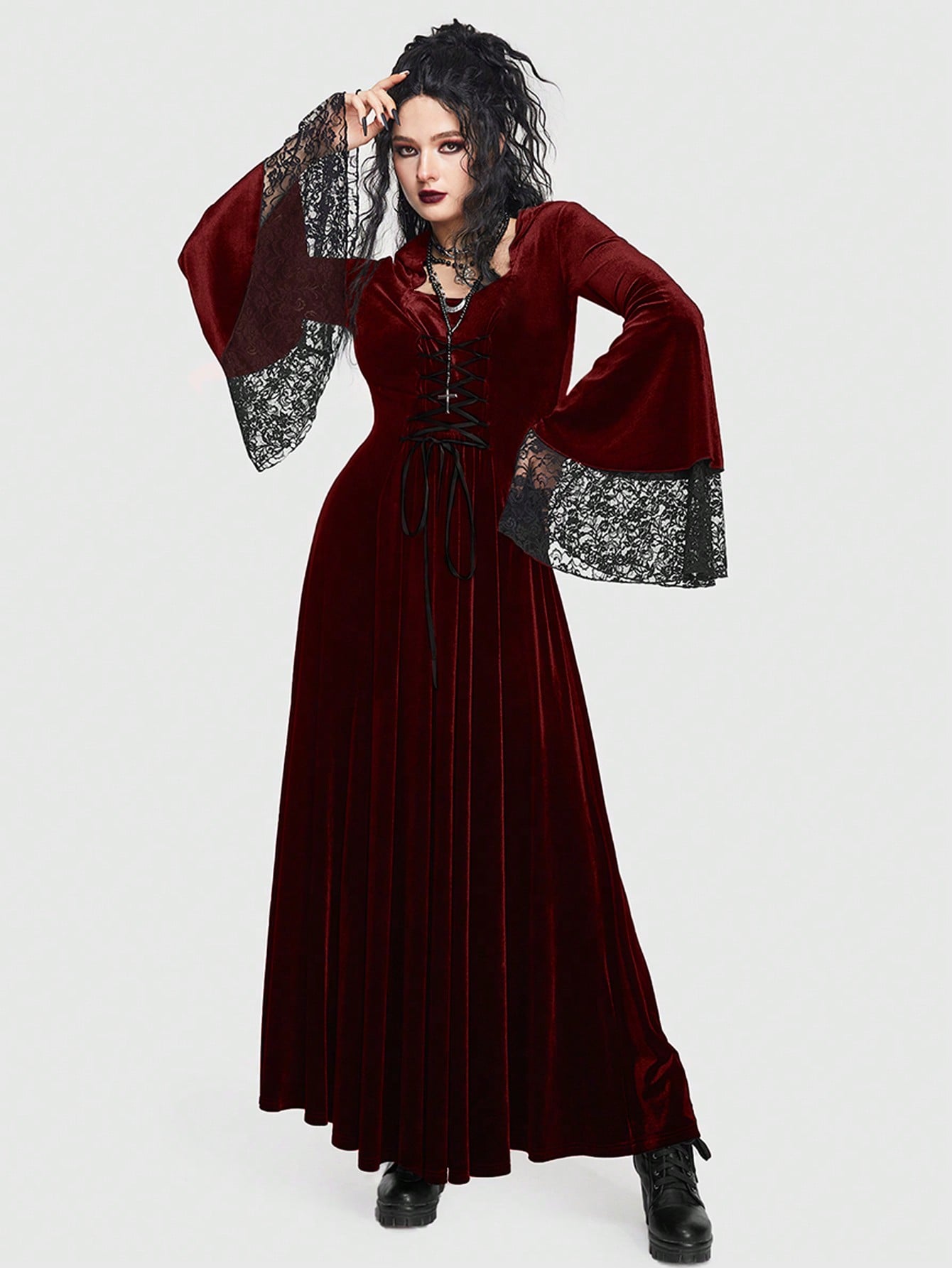 ROMWE Goth Lace Up Front Bell Sleeve Velvet Dress | SHEIN USA