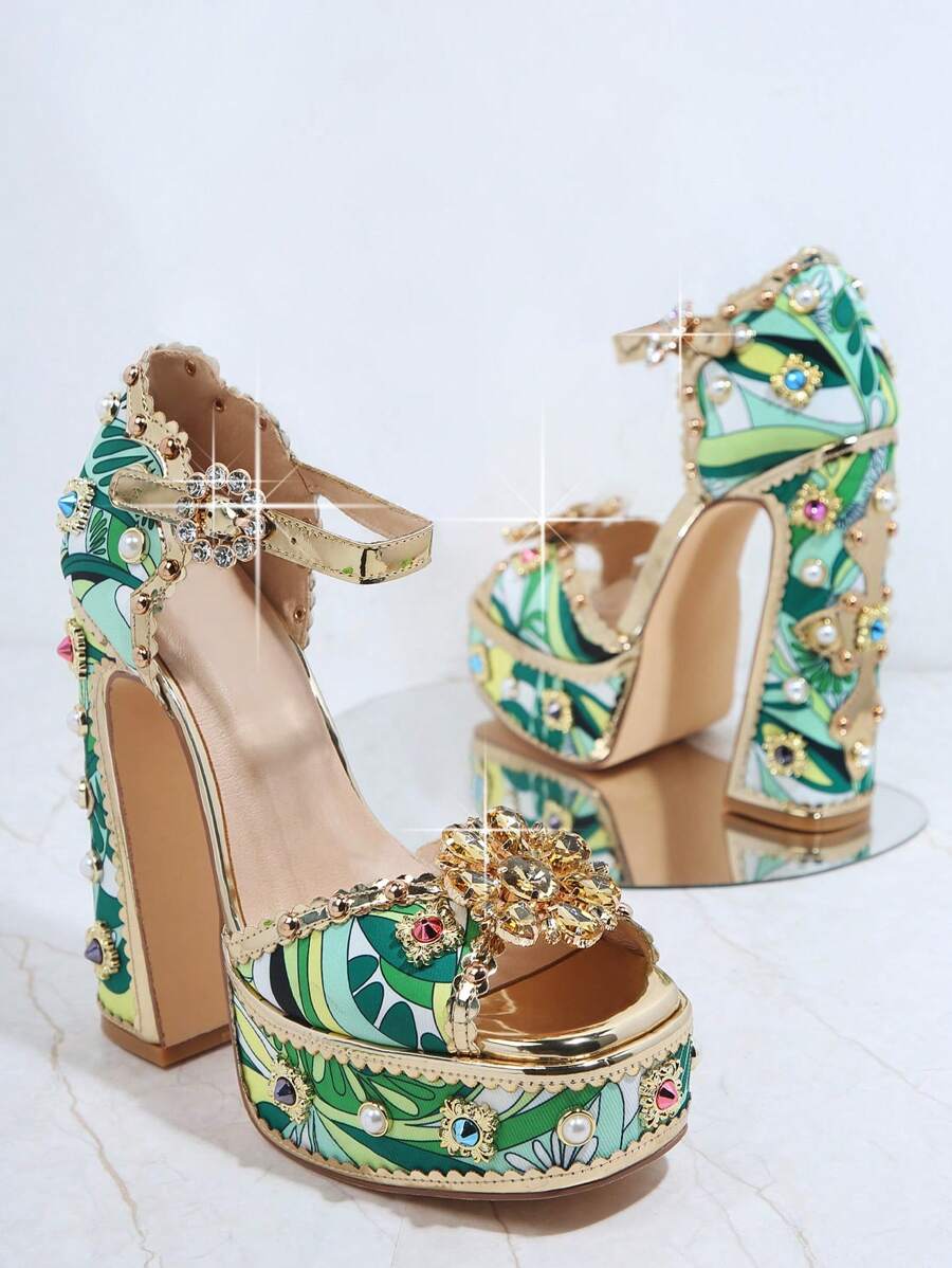 SHEIN SHUZIA Metallic Floral Print Ankle Strap Platform Sandals Summer ...