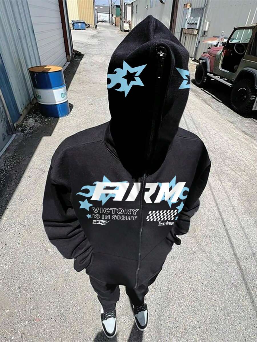 Manfinity Hypemode Loose Fit Men's Star & Slogan Graphic Print Hoodie, Zipper & Thermal Lined ...