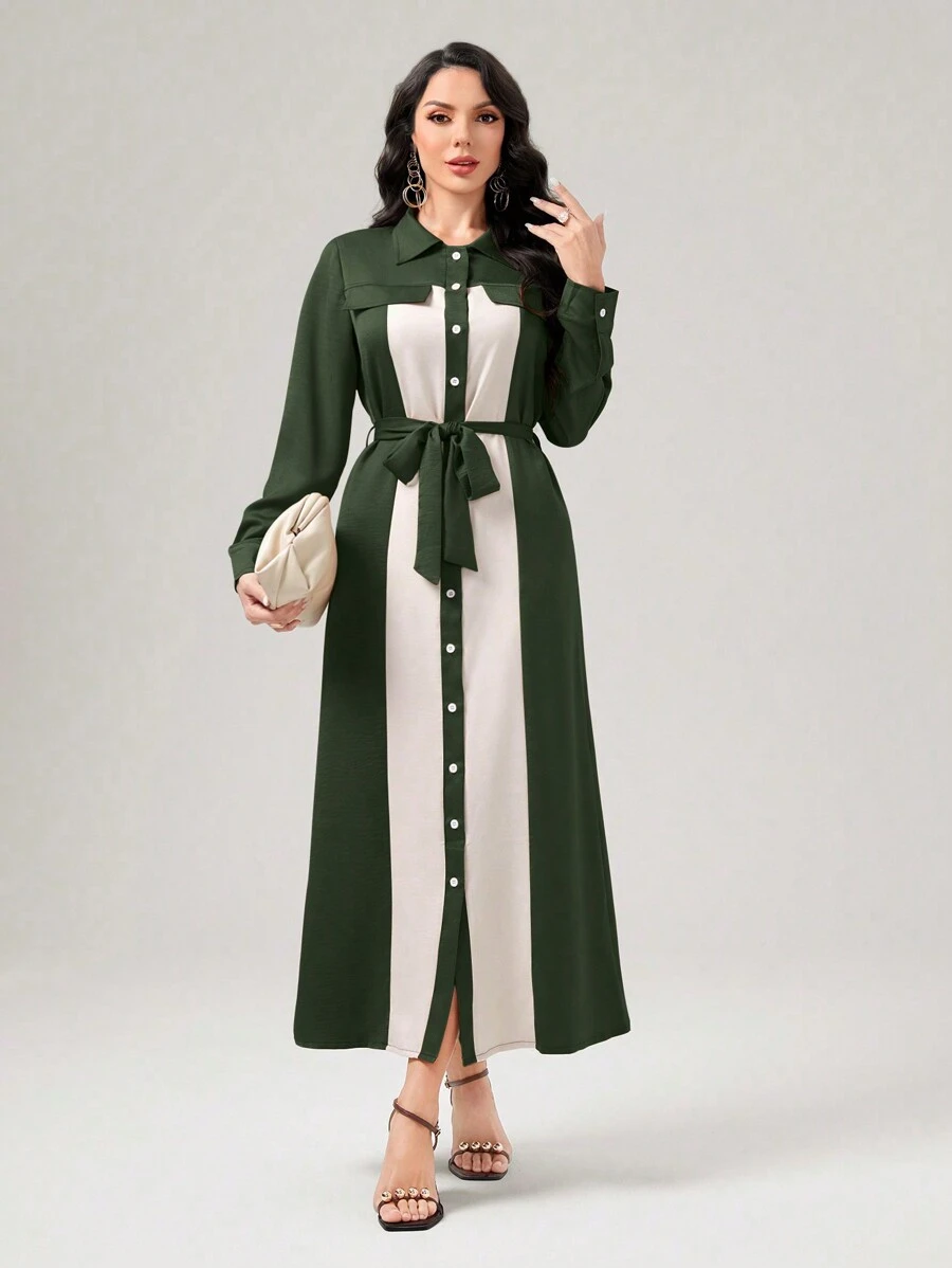 Mulvari Women's Color Block Belted Arabic Style Dress | SHEIN USA