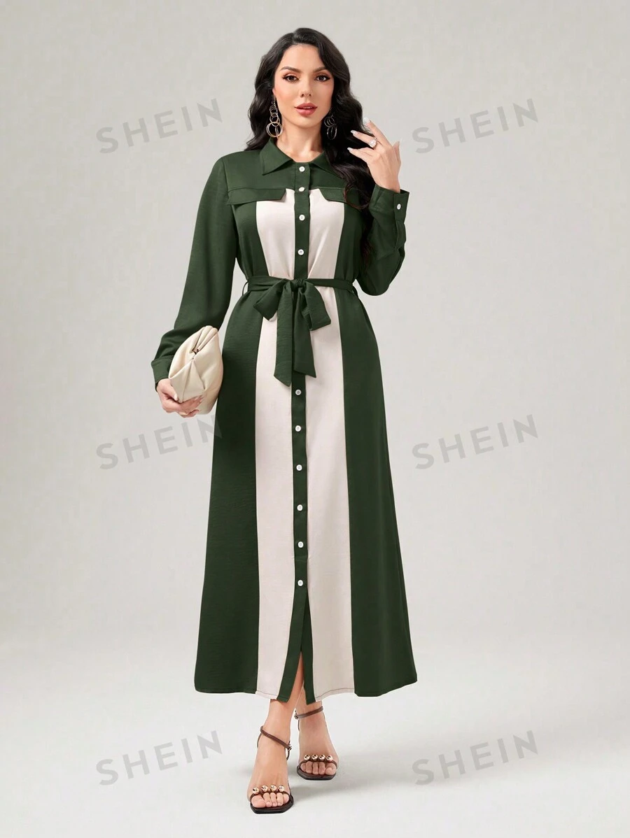 SHEIN Mulvari Women's Color Block Belted Arabic Style Dress | SHEIN USA