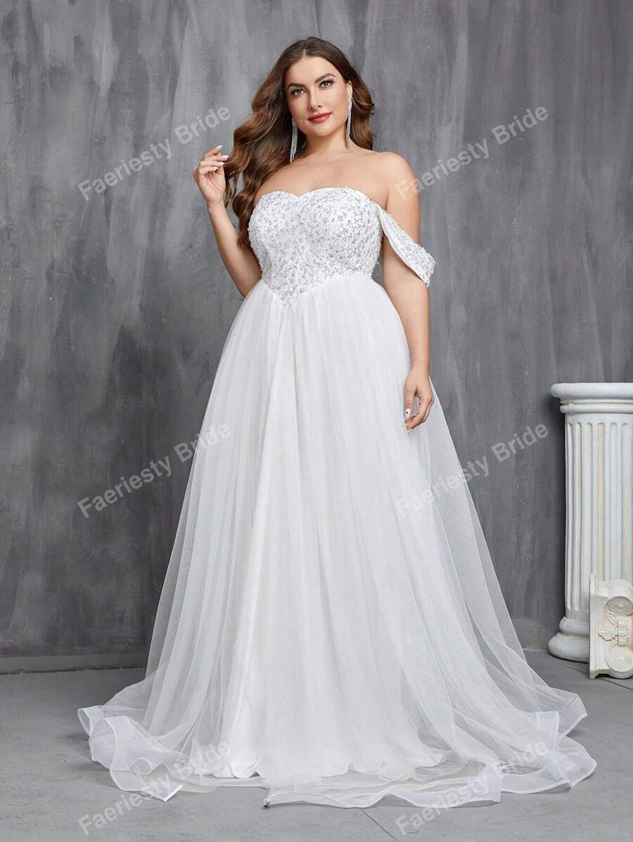 Faeriesty Plus Size Off Shoulder Contrast Mesh Wedding Dress Plus Size White Elegant Bridal ...
